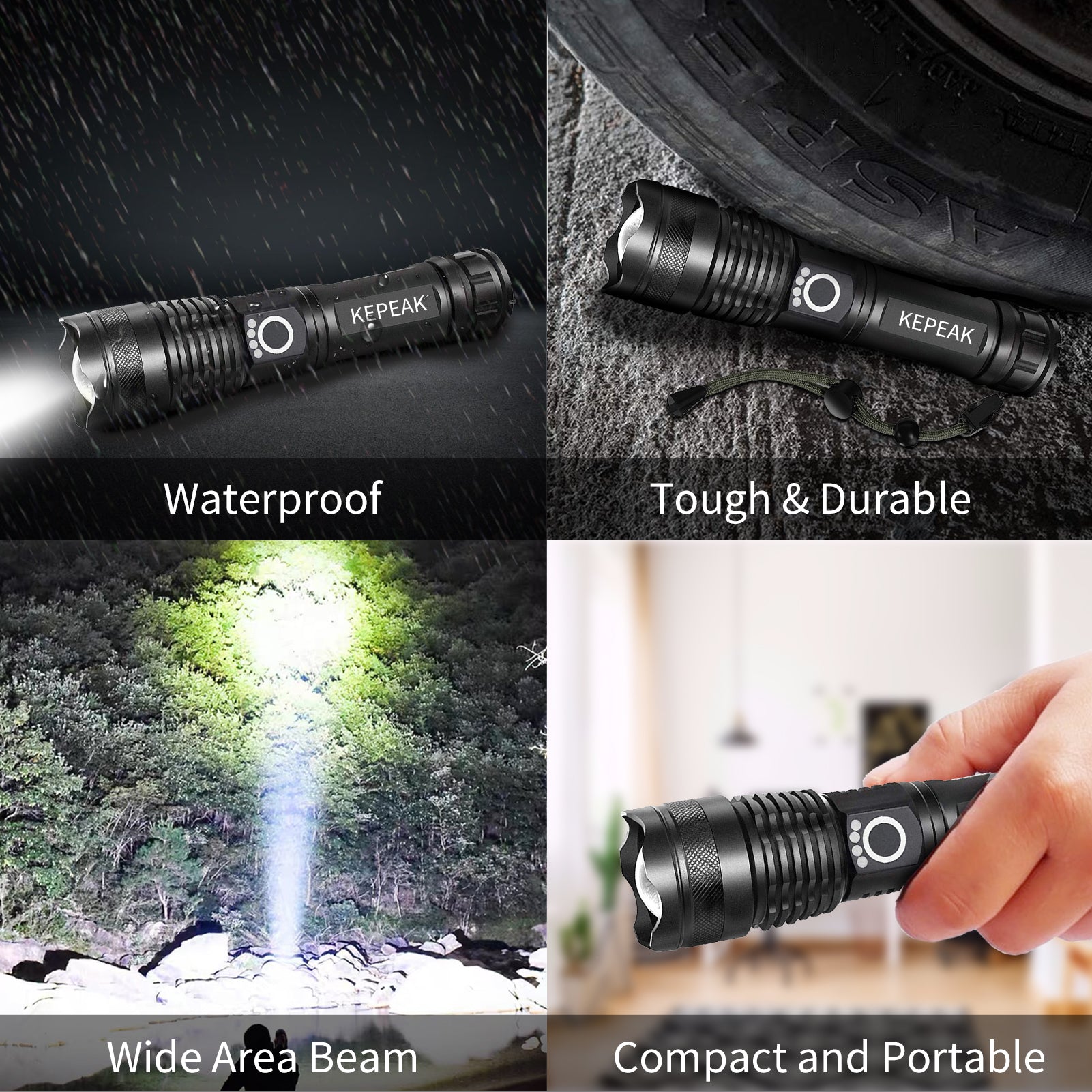 KEPEAK LED Flashlight USB Rechargeable, High Lumens Tactical Flashligh ...